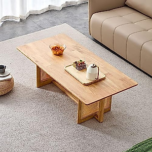 LKTART Rattan Coffee Table for Living Room, Minimalist Solid Wood Coffee Table, Rectangular Cross Legs Coffee Table for Small Space Apartment,Natural