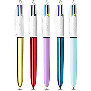 BIC 4 Colours Pens In A Special Metal Tin of 5 Pens, Includes mix of Shine and Bright Barrel Coloured Ink,Black, red, blue, green