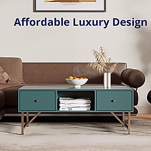 Cozy Castle Coffee Table with Drawers, 43" Mid Century Modern Coffee Table with Storage, Coffee Table with Metal Legs, Wood Small Coffee Table for Living Room, Bedroom and Office, Green