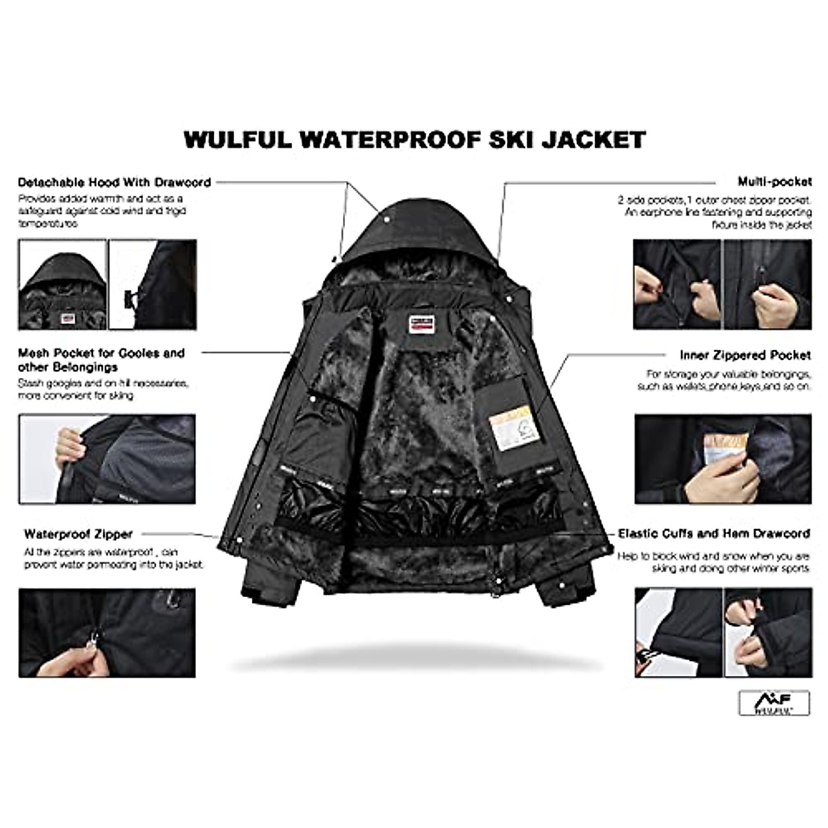 WULFUL Women’s Waterproof Snow Ski Jacket Mountain Windproof Winter Coat with detachable hood
