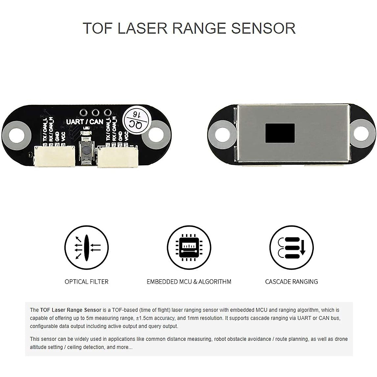 Laser Range Sensor TOF Laser Range Sensor Compatible with Arduino Raspberry PI Supports Cascade ranging. Range 1cm to 500cm