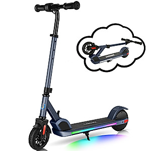 Caroma Electric Scooter for Kids Ages 8-12, Max 7 Miles Range and 10 Mph Max Speed, Colorful Rainbow Light, UL2272 Certification, Lightweight Electric Kick Scooter for Kids Boy Girl (Blue)