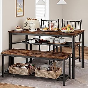 Dining Table Set for 4, Kitchen Table and 2 Chairs with Storage Bench