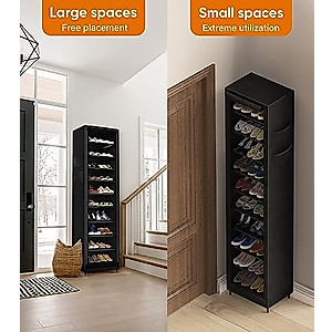 kefron Narrow Shoe Rack Organizer with Oxford Dustproof Cover, 0.13㎡ 10 Tiers 20-22 Pairs Tall Shoe Storage Rack for Closet Enteryway Vertical Shoe Organizer Shell