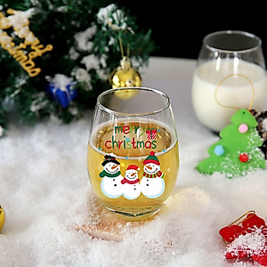 Merry Christmas Wine Glass, 15 Oz New Year Gift Snowman Stemless Wine Glass for Friends Dad Mom Women Men Christmas Wedding Party Winter Holiday Birthday Party