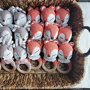 Natural Crochet Teether Toy Rattle for Baby Forest Friends Amigurumi Crochet Bunny Deer Fox on Natural Wooden Teething Ring Rattle (Honey Deer)