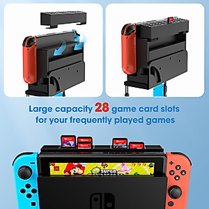 KUNSLCUK Wall Mount for Switch and Switch OLED, Metal Wall Mount Stand Accessories with 28 Game Cards Holder and 2 Joy-Con Hooks, Safely Mount your Switch on Wall Near TV (Black)