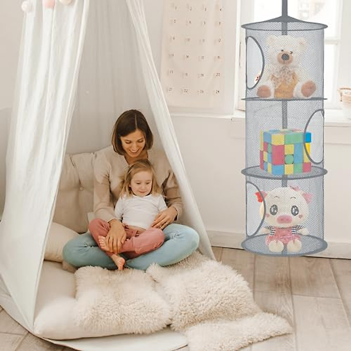 Libeder Mesh Hanging Storage Space Saver Bags Organizer,Foldable Storage Organizer 3/4/5 Compartments Toy Storage Basket for Kids Room Bathroom 2 Sets Grey