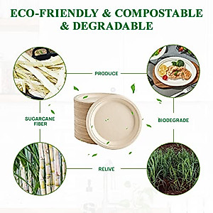 Vplus 150 Pack Paper Plates 9 inch 100% Compostable Plates Heavy-Duty Disposable Paper Plates Bagasse Natural Biodegradable Eco-Friendly Sugarcane Plates