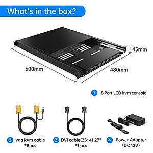 17" LCD KVM Console 8 Port VGA, Yinker Rackmount KVM Switch Fit 1U 19" Rack, Keyboard Monitor Touchpad Drawer Integrated + Cables