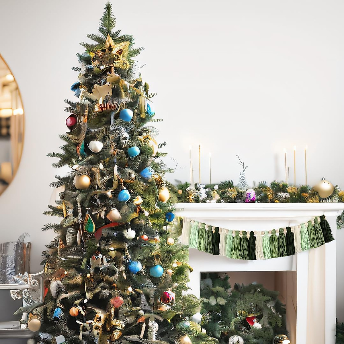 Christmas Tassel Garland with Wood Bead Jungle Leaves Garland Banner for Classroom Party Nursery Kids Bedroom Room Wall Birthday Baby Shower Wedding Decor (E)