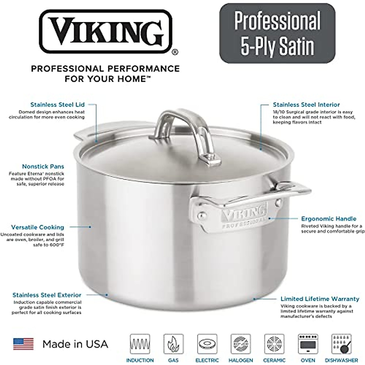Viking Culinary Professional 5-Ply Stainless Steel Cookware Set, 10 Piece, Dishwasher, Oven Safe, Works on All Cooktops including Induction