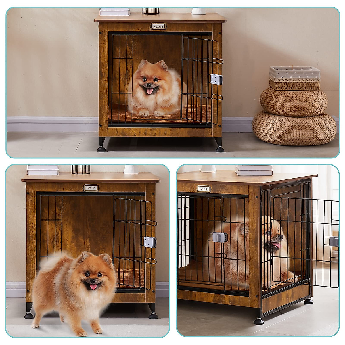 COPAW Dog Crate Furniture - 27 Inch Wooden Wire Pet Kennels with Double Doors Cushion and Adjustable Feet Indoor Pet House End Table Furniture Style Dog Crate for Small Medium and Large Breeds Dogs