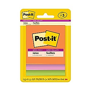 Post-it Super Sticky Notes, 3x3 in, 3 Pads, 2x the Sticking Power, Bright Colors (Orange, Pink, Green), Recyclable (3321-SSAU)