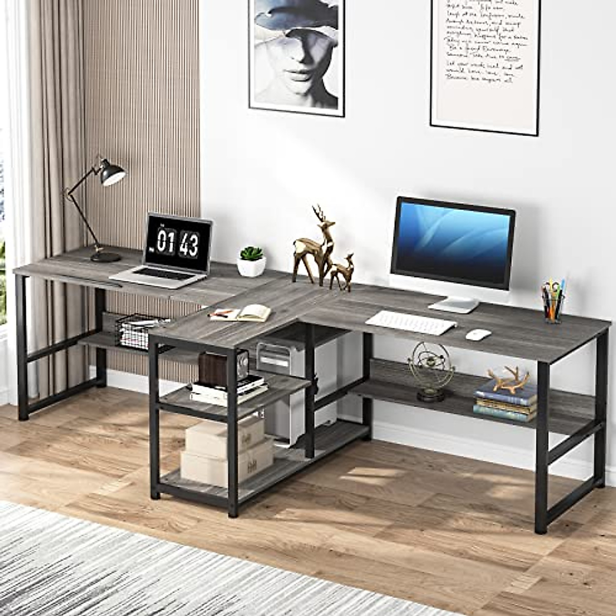 Tribesigns 94.5 inch Two Person Desk with Storage Shelves and Tiltable Tabletop, Double Computer Desk with Printer Shelf, Extra Long Double Workstation Desk Study Table for Home Office (Grey)