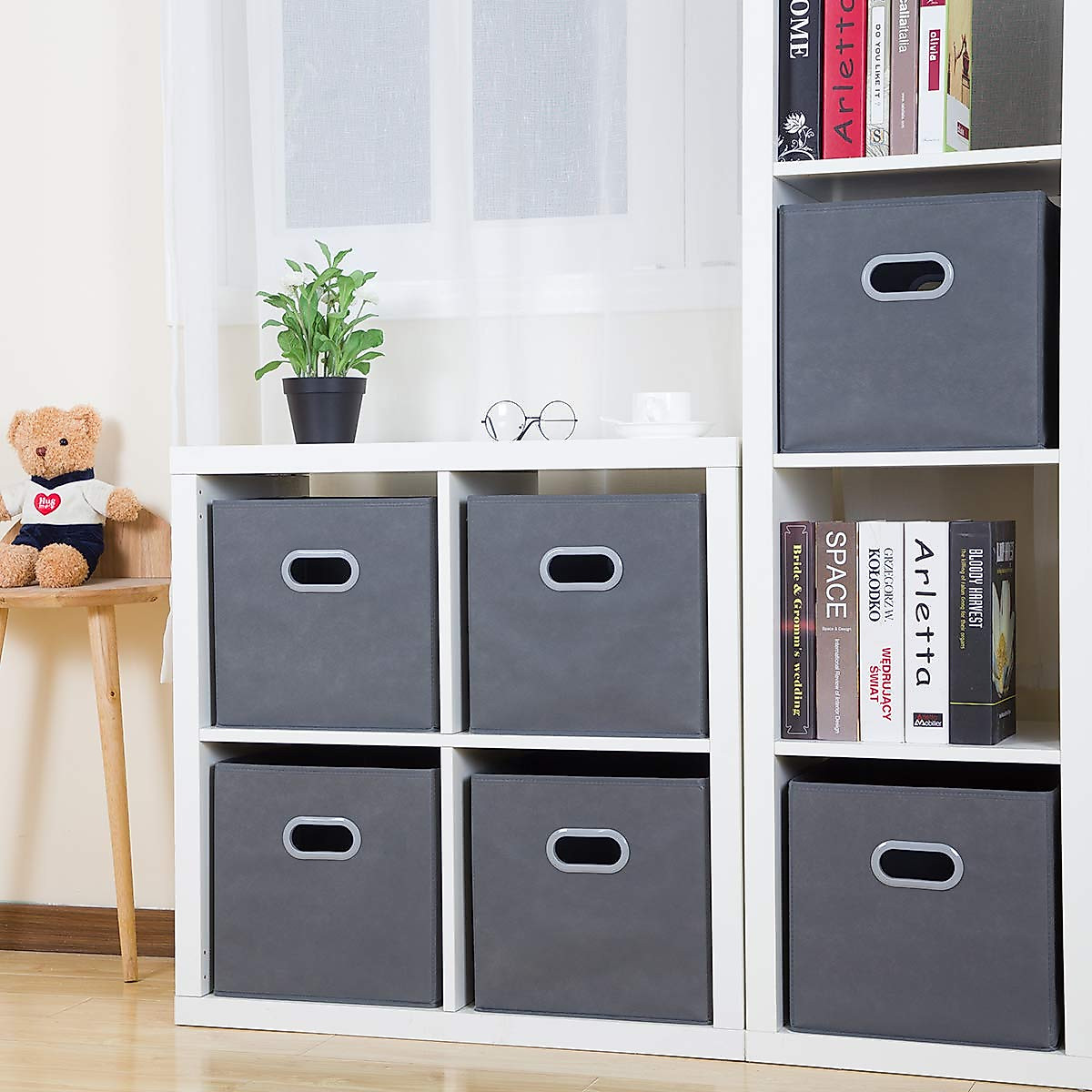 MAX Houser Fabric Storage Bins Cubes Baskets Containers with Dual Plastic Handles for Home Closet Bedroom Drawers Organizers (Cattail Gray)