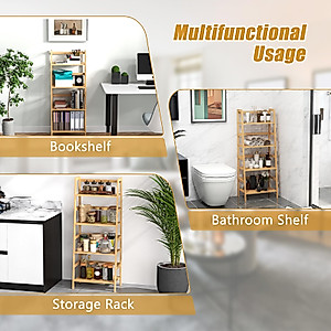 HAPPYGRILL 4 Tier Bamboo Bookshelf, Freestanding Open Bookcase Book Shelf Multifunctional Plant Flower Display Stand, Ladder Shelf for Bedroom, Living Room, Home Office,Small Space