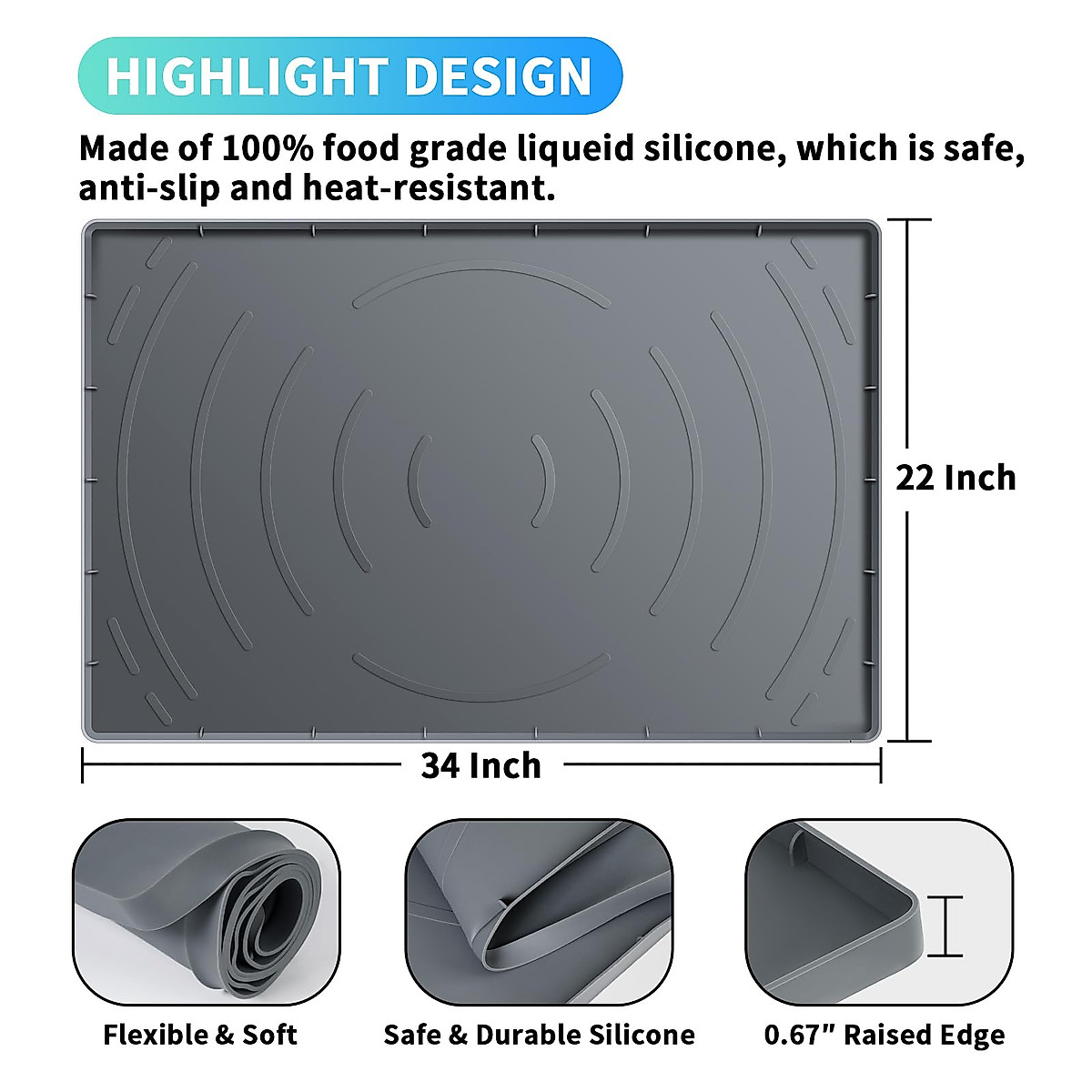 Under Sink Mat, 34" x 22" Under Sink Mats for Kitchen Waterproof, Under Sink Shelf Liner, Flexible Silicone Cabinet Protector Tray for Bottom of Kitchen & Bathroom Grey