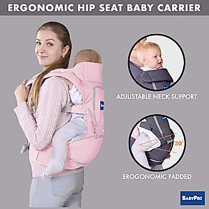 BabyPro Ergonomic Baby Carrier with Hip Seat, 6 in 1 All Season Baby Sling for Newborns Infants Toddlers, Hands Free Baby Wrap Front and Backpack for Traveling, Hiking and Breastfeeding (Pink)