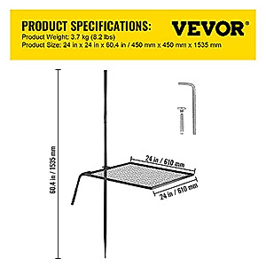 VEVOR Swivel Grill, Heavy Duty Steel Campfire Grill,Single Layer Open Fire Grill, 24" x 24" Campfire Swivel Grill with Heat Dissipation Handle, Campfire Grill Stake for Outdoor Open Flame Cooking