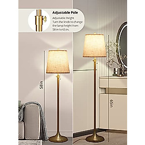 Meisoda Gold Floor Lamp, 9W 3 CCT Dimmable Standing Lamp with 2 Linen Lamp Shades and Pull Chain for Living Room, Bedroom, Office, 58" to 65" Adjustable Height, Modern Brushed Bronze Design