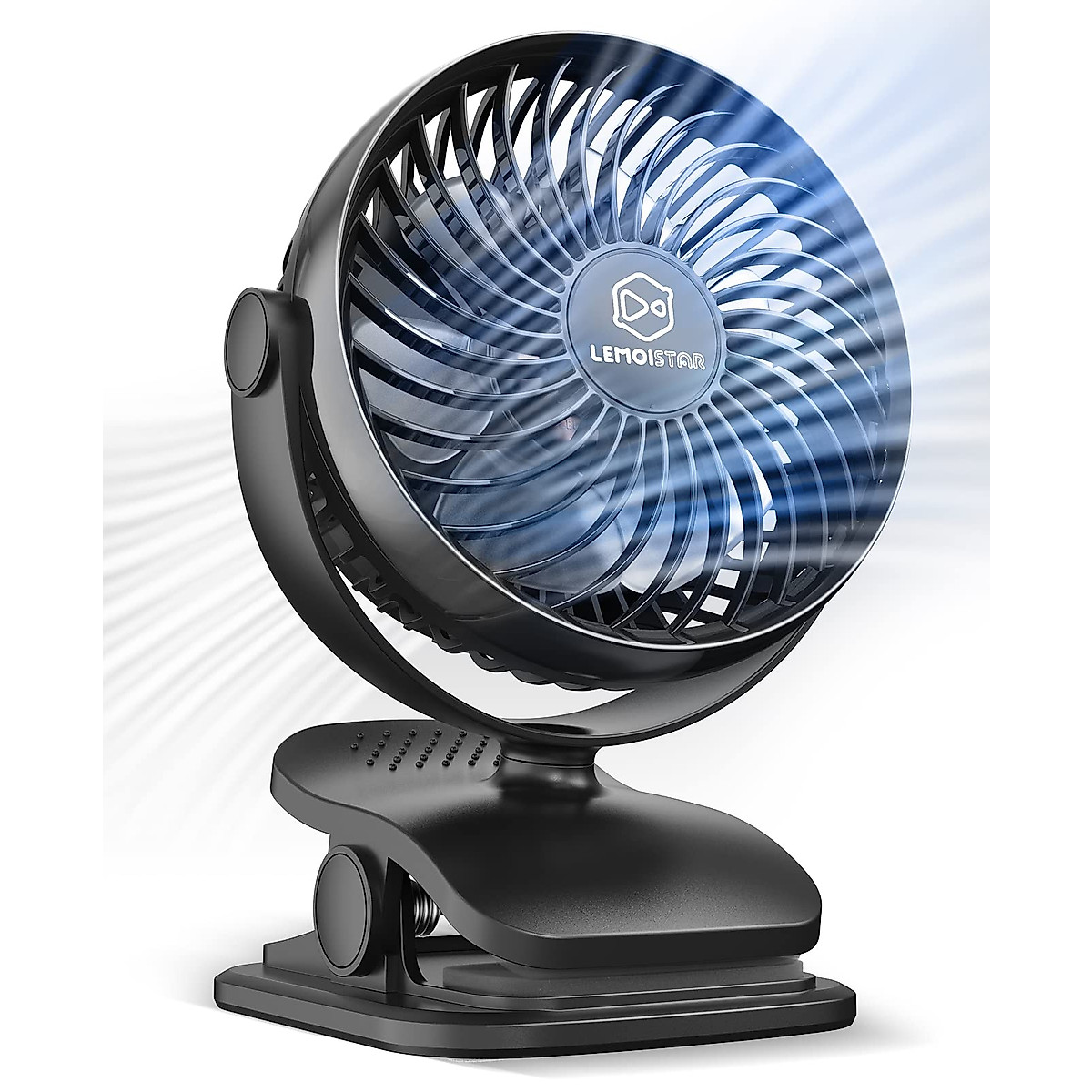 LEMOISTAR AA Battery Operated Clip on Fan, Stroller Fans, USB Powered Portable Desk Fan 4 Speeds Personal Golf Cart, Small Table Fan, Wireless, for Camping Hurricane Office Bed-Black