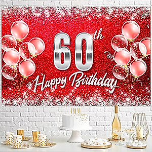 Red and Silver Happy 60th Birthday Backdrop Banner Decorations for Women Men 60 Years Old Bday Background Photography Party Decor Sign Supplies
