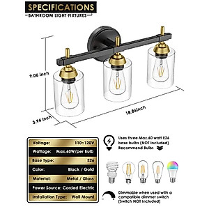 AXHODSME 3-Light Bathroom Light Fixtures, Black and Gold Bathroom Lights Over Mirror, Modern Bathroom Vanity Light with Clear Glass Shade, Wall Sconces for Bedroom Living Room, Bulbs Not Included