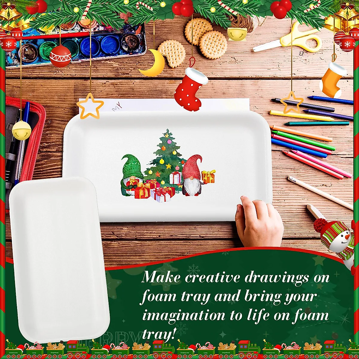 EBOOT 100 Pcs Foam Meat Trays White Foam Crafts Trays Bulk Disposable Food Plates Rectangle Painting Dish for Halloween Christmas Printmaking DIY Art Supplies, 8.3 x 4.4 x 0.55 Inches