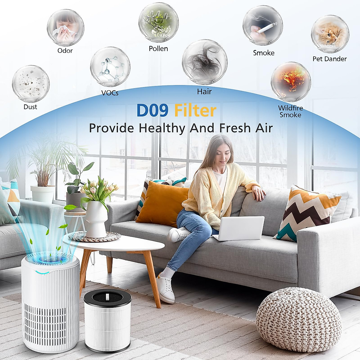 JORAIR D09 Replacement Filter Compatible with Tailulu Air Purifier Cleaner D09, 3-in-1 H13 Grade True HEPA Replacement Filter, 360 Rotating D09 Filter, 2 Pack