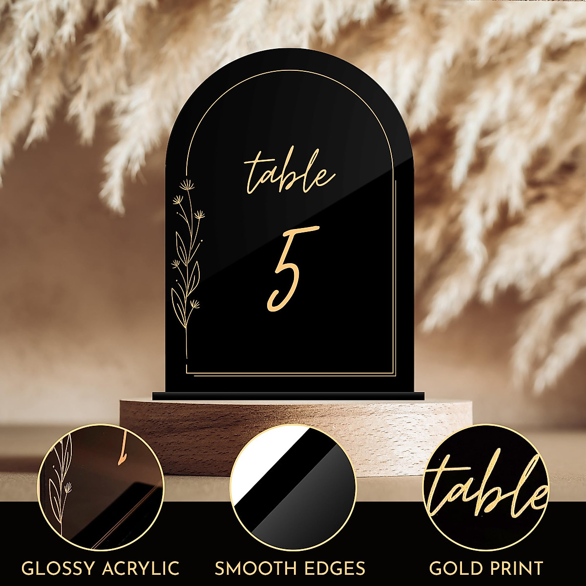 1-10 Black Arched Acrylic Wedding Table Numbers, Gold Print Acrylic Table Numbers for Wedding Reception with Head and Gift Table Number, Floral Gold Table Numbers, Gold Floral Design Table Numbers
