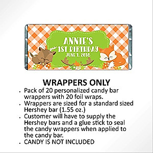 Woodland Creatures Personalized Candy Bar Wrappers for Chocolate, Hershey Bar Party Favors, Kids Birthday, Pack of 20