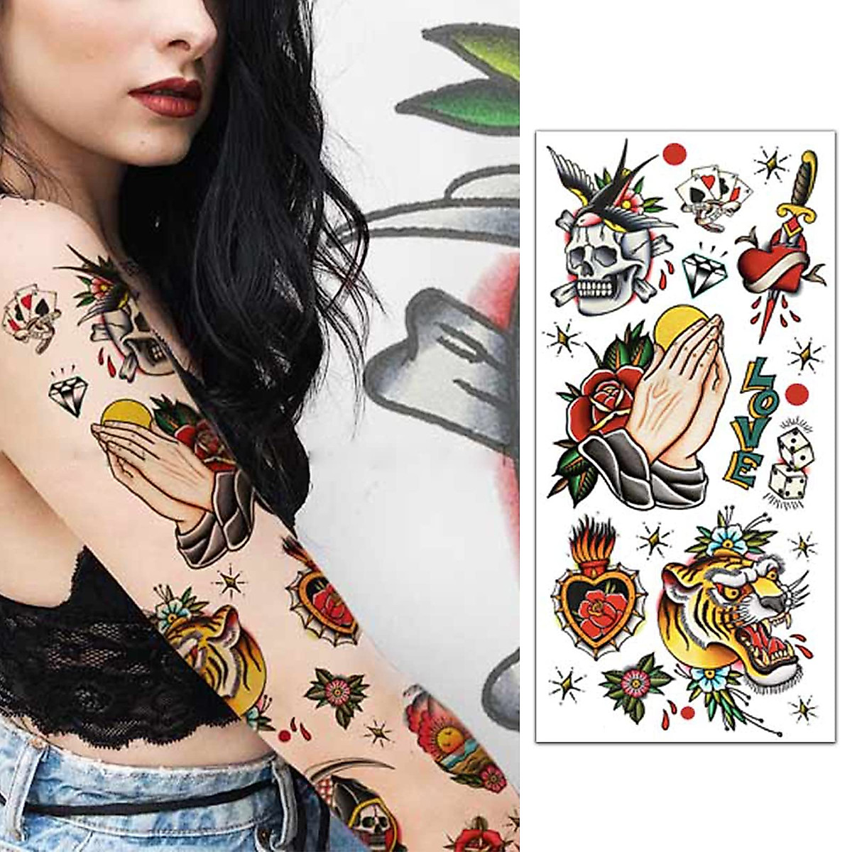 PUSNMI 120×260mm Classic Temporary Tattoo Sailor Jerry Temporary Tattoos for Women Men Cool Skull Tattoo for Arm Leg Face Lasting Mix Style Body Art Tattoos for Halloween Club