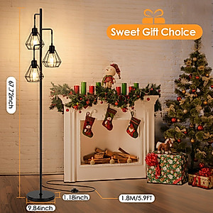 Coucrek Industrial Floor Lamp, Farmhouse Standing Lamp with 3 Hanging Cage Heads, Rustic Tree Floor Lamps for Living Room Bedroom, Bulb not Included