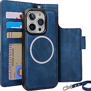 CAVOKAS Case Wallet for iPhone 14 Pro Wallet Case, 6.1 Inch Magnetic Detachable Leather Flip Case with Card Holders, Support MagSafe Wireless Charging Kickstand Phone Cover RFID Block, Blue
