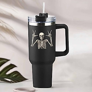 LB LEOBON 40 ounce insulated cup with handle, double-layer vacuum stainless steel material, equipped with straw, can keep warm or maintain cold drinks Funny Skeleton black