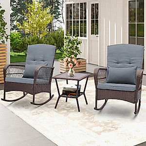 ORALNER 3 Pieces Patio Furniture Wicker Rocker Set, Outdoor Rocking Chairs with Cushions, Pillows, Glass Coffee Table, Rattan Bistro Set for Balcony Front Porch Poolside Garden Deck (Grey)