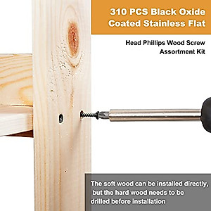 VIGRUE 310 Pcs #6 1/2'' to 1'' #8 1/2'' to 1-1/2'' Wood Screws Black Oxide Coated Stainless Steel Flat Head Phillips Drywall Screw Assortment Kit, Self Tapping Screws Kit in 8 Sizes