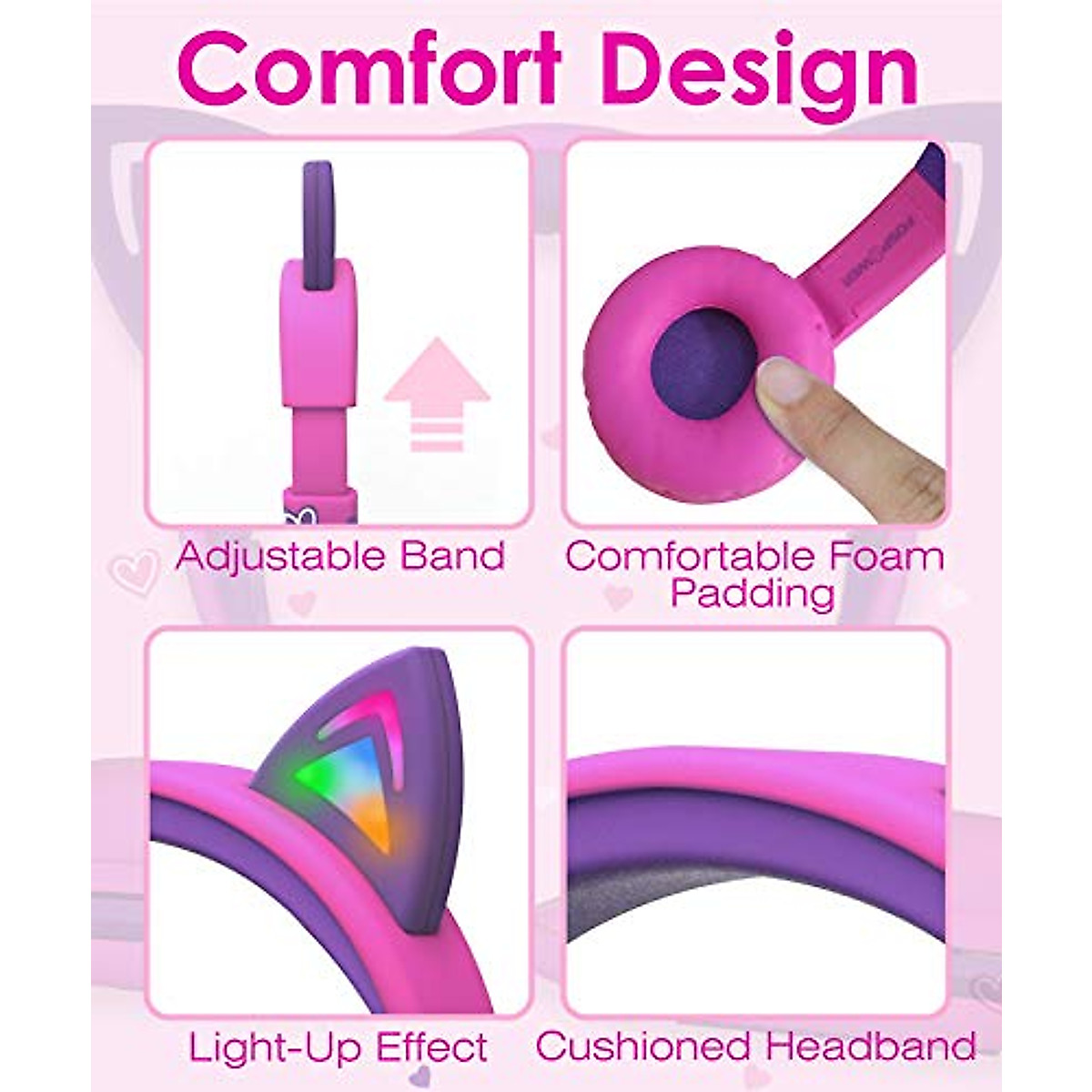 FosPower Kids Headphones with LED Cat Ears (Safe Volume Limit 85 dB), 3.5mm On-Ear Wired Headphones with Laced Tangle-Free Cables for Boys/Girls/School/Travel - Hot Pink/Purple