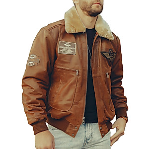 FLAVOR Men's Real Leather Bomber Jacket with Removable Fur Collar Aviator (Large, Brown)