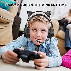 Gaming Headset with Removable Cat Ears, 3.5mm Wired Headphones with Adjustable Microphone, Extendable Padded headband, Noise Cancelling and RGB Light Headphones for Xbox/PS4/Switch/Mac/Phone (Green)