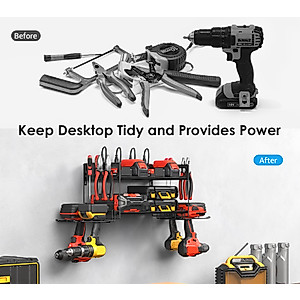 CCCEI Garage Tools Storage with Charging Station. Power Tool Battery Organizer Utility Shelf with Power Strip. 4 Drills Holder Wall Mount Rack, Black.