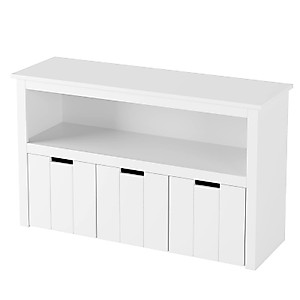 FOTOSOK Toy Storage Cabinet with 3 Movable Drawers, Floor Storage Organizer with Hidden Wheel & Large Open Bookhelf, Organizer Chest for Playroom, White