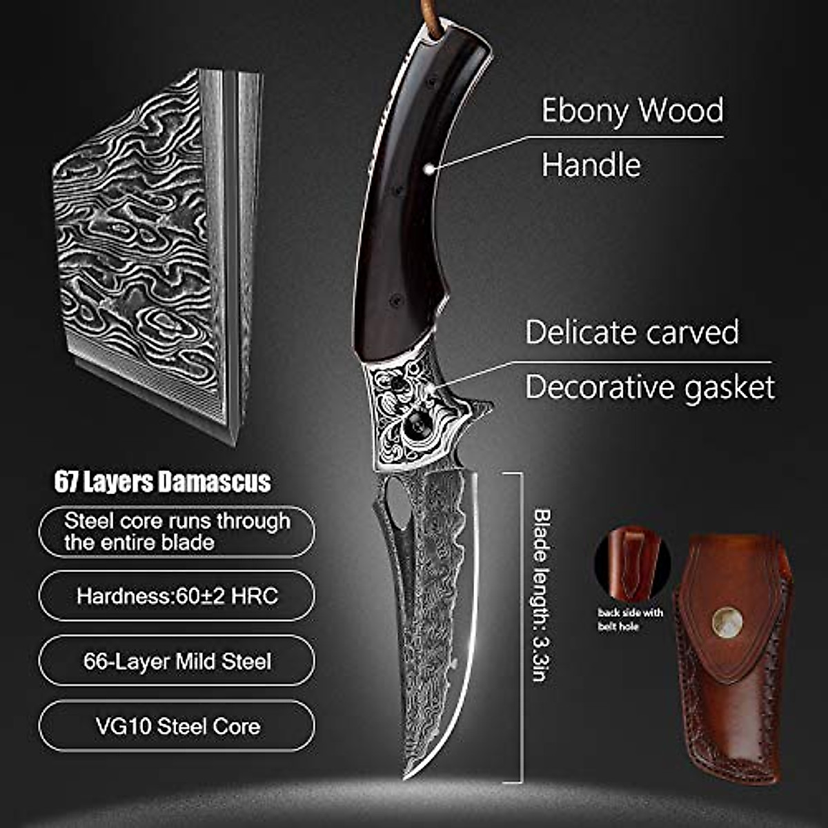 SPIRIT DEED 3.5in handmade japanese vg10 damascus steel blade folding pocket knife for men and women,leather sheath,ebony wood handle,liner lock,edc outdoor knives for camping