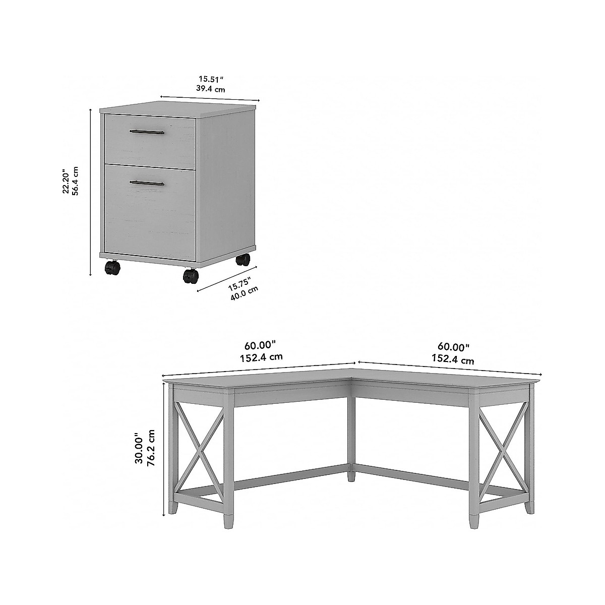 Bush Furniture Key West 60W L Shaped Desk with 2 Drawer Mobile File Cabinet in Cape Cod Gray