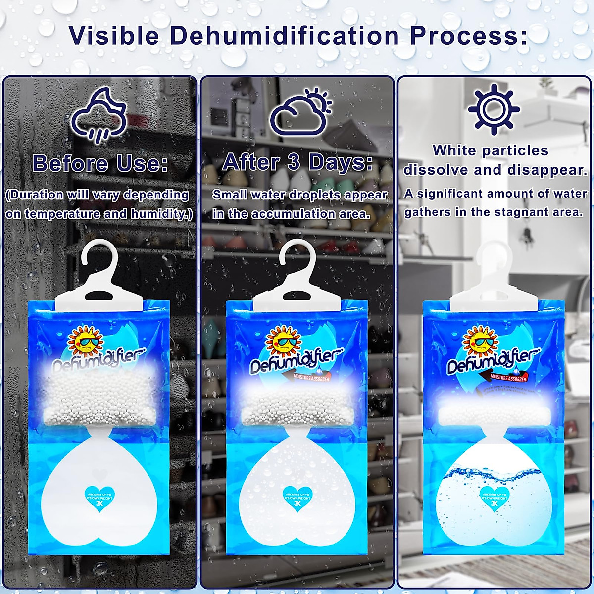 Argendon Hanging Dehumidifier Bags, Efficient Dehumidifier Bags for Shoe Cabinet, Space-Saving Hanging Design, Simple to Use, 2 Pack