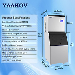 YAAKOV Commercial ice Machines 550LBS/24H with 400LBS Bin Commercial Ice Maker Machine 22" Air Cooled Clear Cube Ice for Restaurant Bar, 110V Dic nie sowim