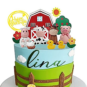 Farm Animal Cake Topper with Cow Horse Sheep Pig Duck Hen for Farm Animal Theme Birthday Baby Shower Party
