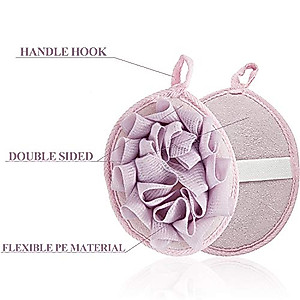 6 Pieces Bath Shower Loofah Pouf Sponge Mesh Pouf Shower Ball Exfoliating Body Loofah Pad Shower Scrubber Ball Shower Glove with Flower Bath Ball (Beige, Green, Purple)
