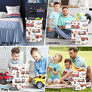Clastyle Large Red Fire Engine Kid Laundry Hamper for Boy Collapsible Dog Clothes Toy Storage Basket with Lid for Nursery